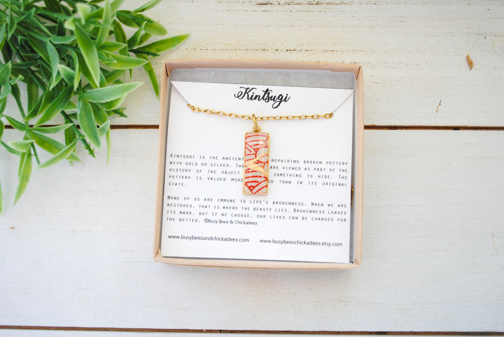 Kintsugi Inspired Pendants - Kintsugi Necklace Rectangle, red wave ...
